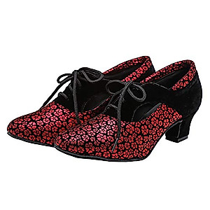HIPPOSEUS Latin Dance Shoes for Women with Closed Toe Lace up Ballroom Latin Salsa Tango Dance Practice Shoes Low heel 1.75",Black Red, 7.5 B(M) US