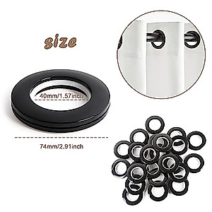 WCIC 48 PCS Curtain Grommets 40mm Roman Ring Inner Diameter (1-9/16") Nanoscale Low Noise Shower Curtain Rings for Curtain Rod Plastic Curtain Grommet Kit Black