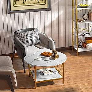 Yusong Round Coffee Table for Living Room, Farmhouse Circle Coffee Table with Storage Shelf, 2-Tier Modern Center Table with White Faux Wooden Tabletop, Gold Metal Frame