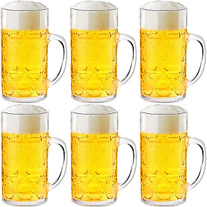 Suclain 6 Pcs Clear Plastic Beer Mugs with Handles 34 oz Large Dimpled Beer Cups Clear Plastic Beer Glasses Reusable Classic Plastic Coffee Mugs with Handles for Beer Whiskey Juice Coffee Tea Cocktail