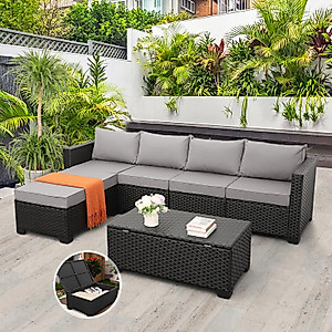 Rattaner Outdoor Sectional 4 Pieces Patio Furniture Set Wicker Patio Furniture Long Patio Couch with Ottoman and Outdoor Storage Table Weathering Anti-Slip Cushions Waterproof Covers, Light Grey