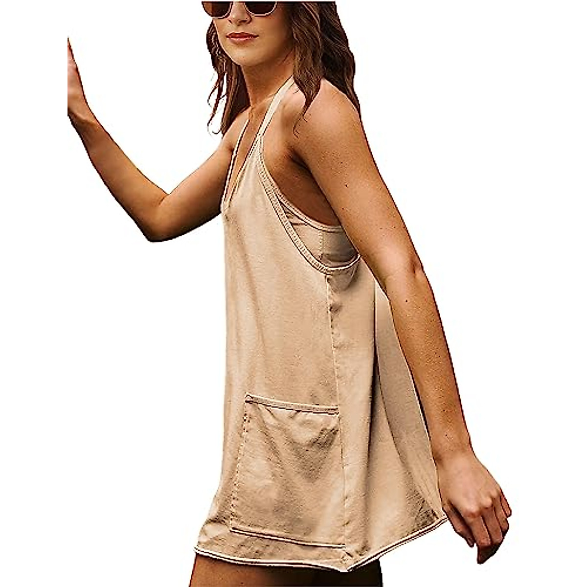 Yidarer Women's Summer Sleeveless Mini Dress V Neck Spaghetti Straps Athletic Shorts Dress with Pockets(Khaki-L)