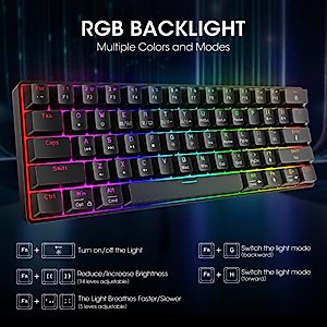 KOORUI 60% Gaming Keyboards, 61 Keys Wired Ultra-Compact Mechanical Keyboard 26 RGB Backlit with Red Switch Mini Keyboards for Windows MacOS Linux