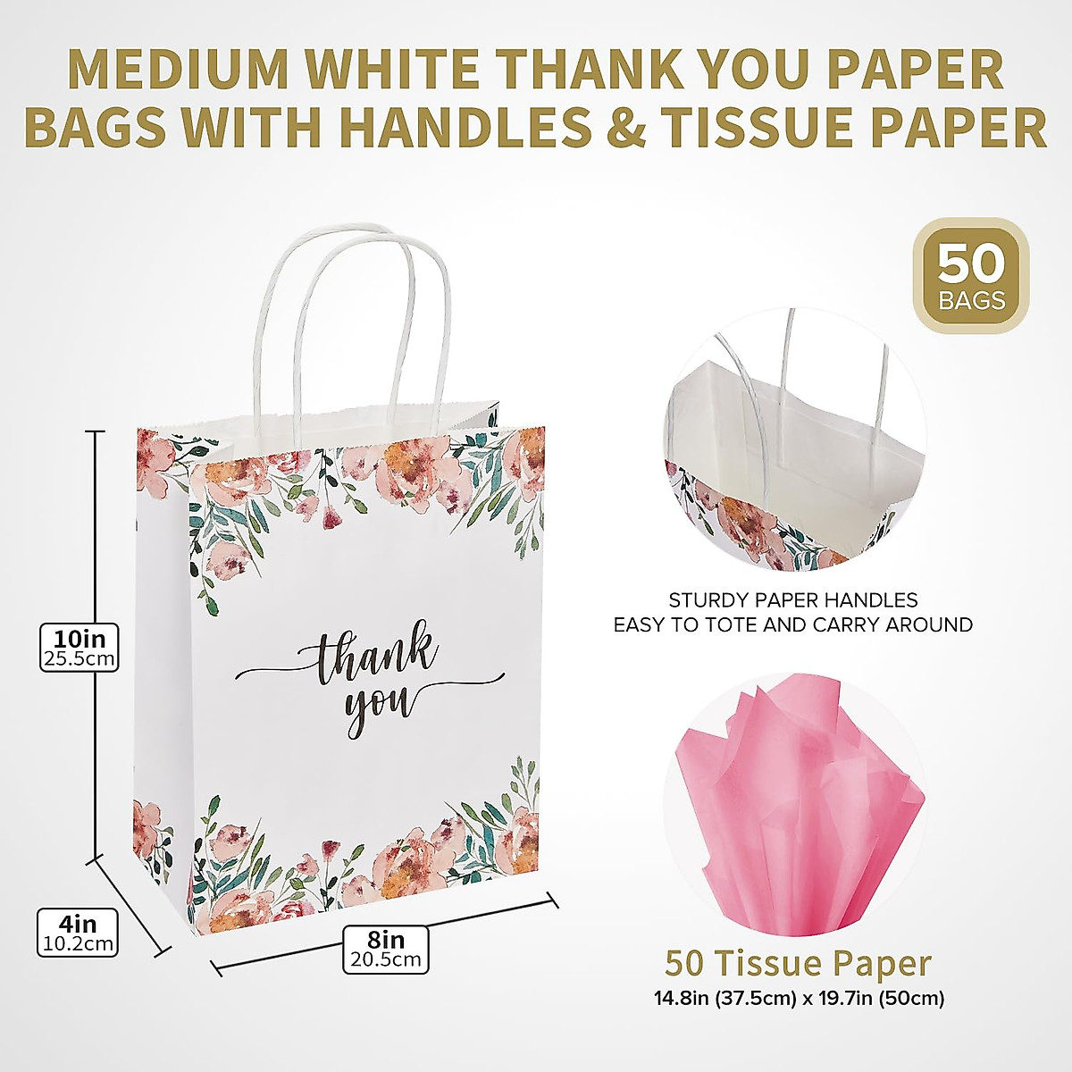 50 Pack Medium White & Spring Floral Thank You Paper Gift Bags with Handles 10 x8 x4 Inches and Pink Tissue Paper for Small Business Wedding Baby Shower Birthday Party Favors Goodies