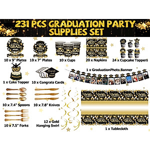 231PCS Graduation Decorations Class Of 2024, 2024 Graduation Party Decorations for High School College With Backdrop balloons Paper Plate Cup Napkin Cutlery Tablecloth Balloon Garland (Black and Gold)