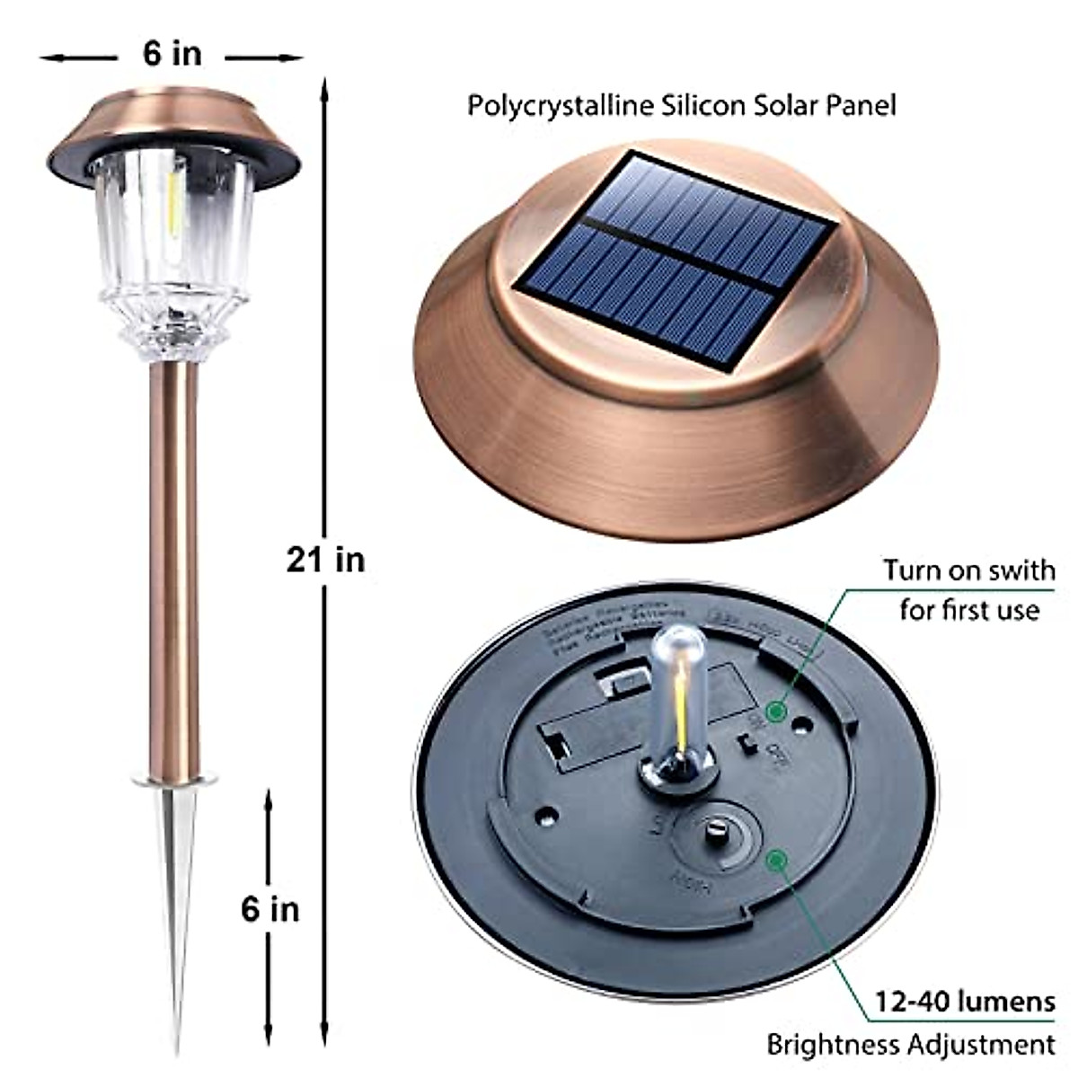 DenicMic Solar Garden Lights Outdoor Pathway Lights Glass Stainless Steel Waterproof Solar Powered Landscape Lights for Yard Patio Lawn Path Walkway, Super Bright 12-40 Lumens, 2 Pack