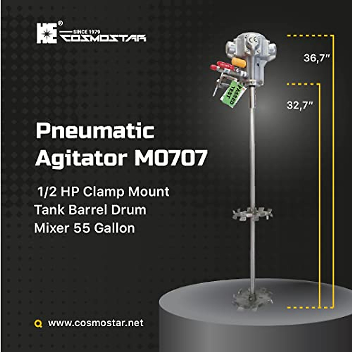 COSMOSTAR 55 Gallon Pneumatic Agitator 1/2 HP, 7 N.M Clamp Mount Tank Barrel Drum Mixer | Paint Agitator, Pneumatic Bracket Mixer, Paint Stirring Machine Bracket Air Agitator Paint Mix Tool
