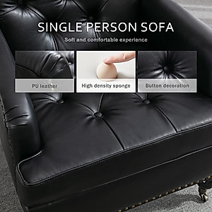 Nrizc Black Leather Club Chair, Mid Century Modern Accent Arm Chairs with Studded, Living Room Chairs with Solid Wood Frame, for Living Room, Bedroom, Reading, or Office