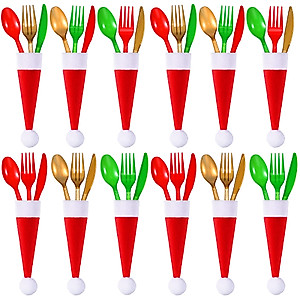 144 Pcs Christmas Plastic Silverware Set, Red Green and Gold Plastic Holiday Cutlery, 36 Spoons, 36 Forks, 36 Knives, and 36 Santa Hats Silverware Holders Xmas Tableware Fork Spoon Knife Storage Bag