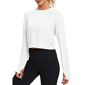 Bestisun Athletic Long Sleeve Workout Tops Loose Fit Long Sleeves Sports Running Shirts Dance Athletic Tops for Women Yoga Gym Shirts White S