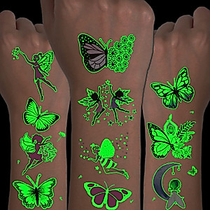 CHARLENT Luminous Butterfly Tattoos for Kids - 14 Sheets Glow in The Dark Butterfly Fairy Temporary Tattoos for Girls Birthday Party Favors Goodie Bag Fillers