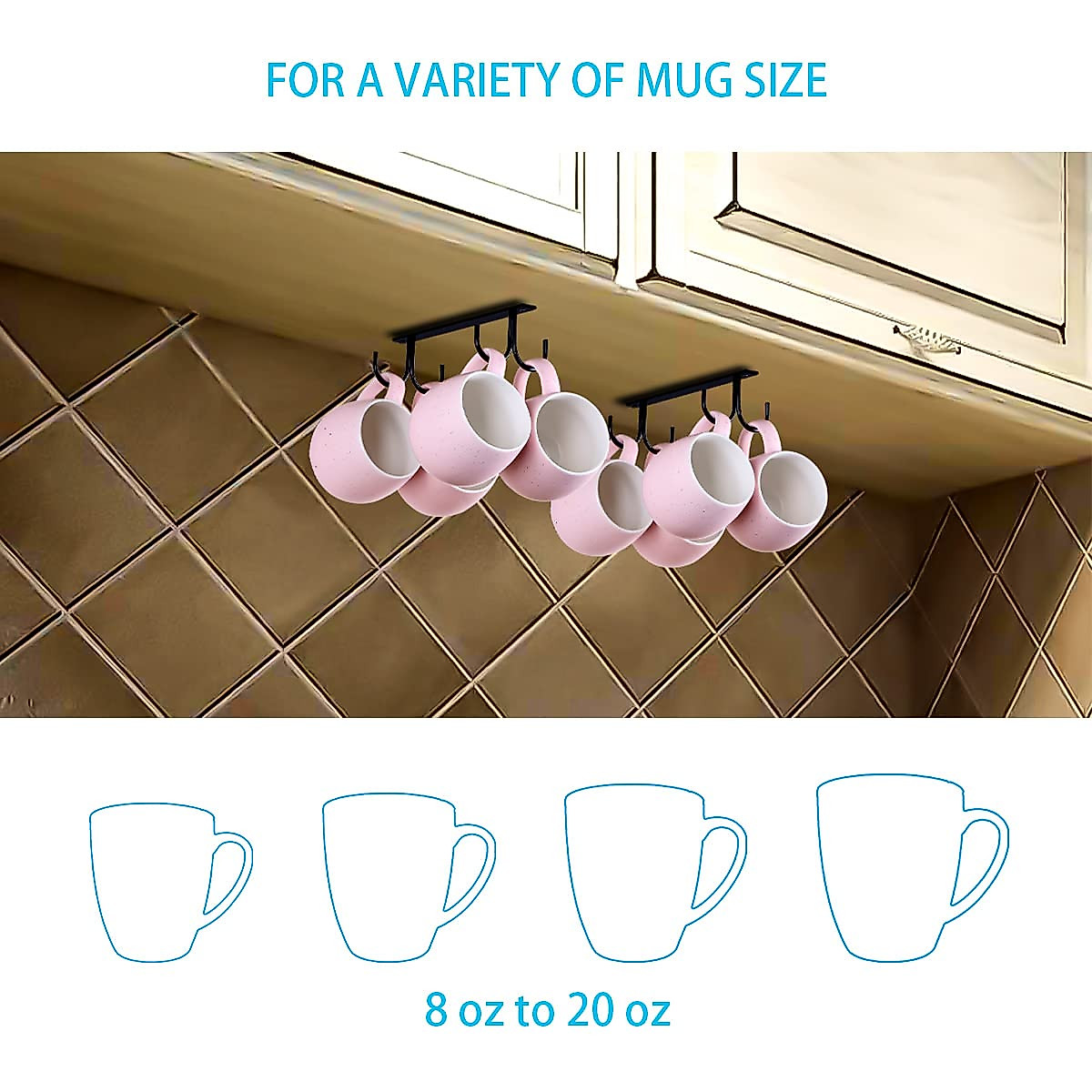 Fvstar 2pcs Mugs Holder Under Cabinet,Coffee Cups Hooks Under Shelf,Metal Mugs Drying Racks,Iron Mugs Hanging Organizer,Under Cabinet Hanger for Mugs,Kitchen Utensils,Black