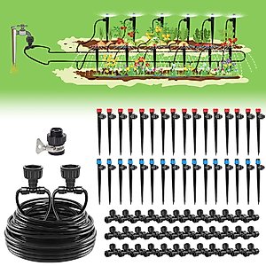 MIXC Easy-Connect Drip Irrigation Kit, 100FT Garden Micro Automatic Irrigation System Patio Misting Plant Watering System with 1/4" Blank Distribution Tubing Adjustable Nozzle Emitters Sprinkler