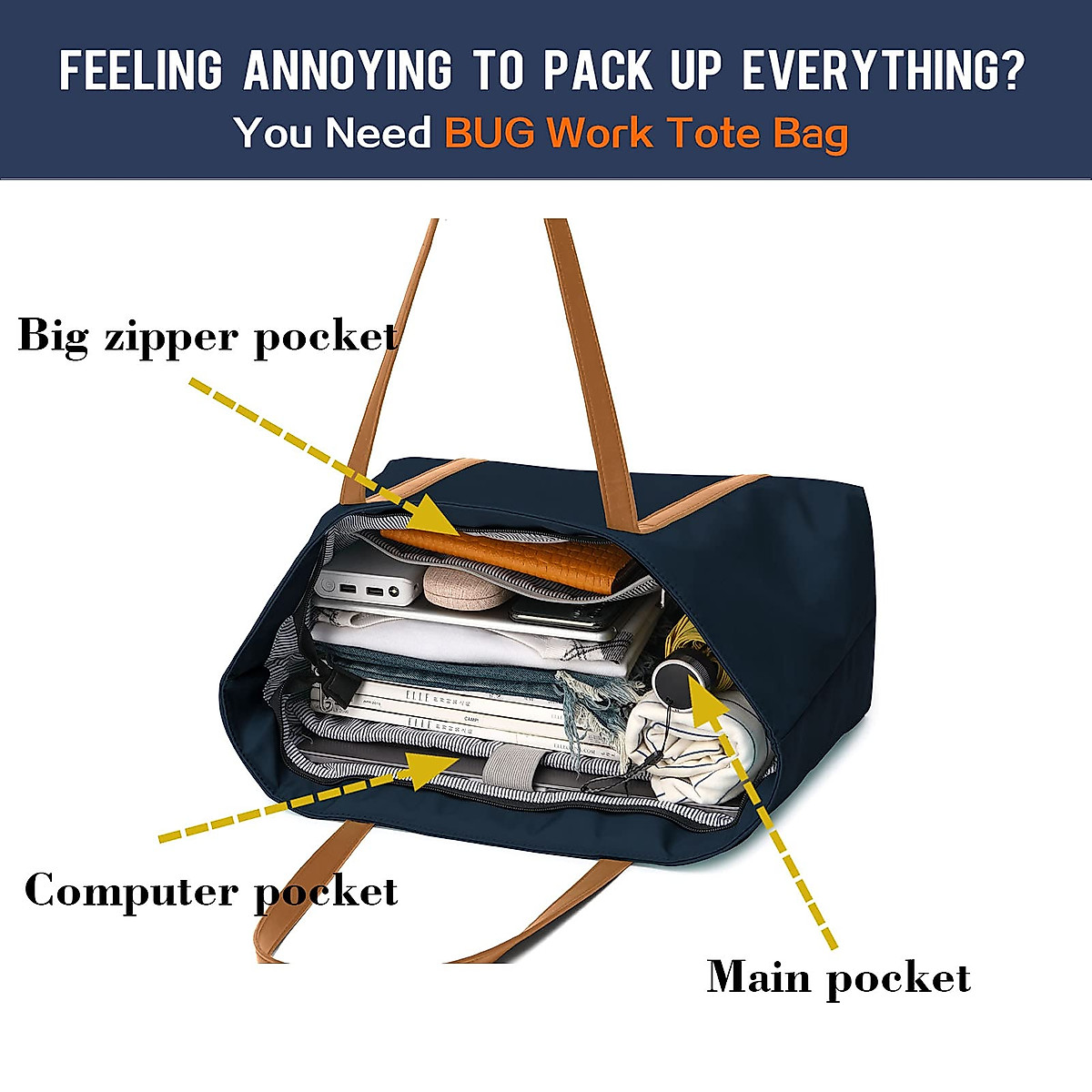 BUG Lightweight Women Laptop Tote Bag for Work, Casual Handbag for Travel Beach College Teacher