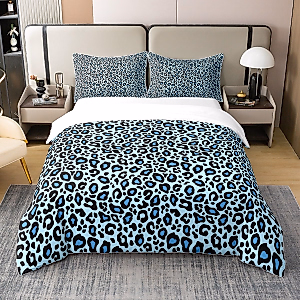 Castle Fairy Leopard Cheetah Pattern Duvet Cover Set 100% Natural Cotton Twin Size Leopard Print Blue Super Soft Bedding Set 2 PCS Wild Animal Skin Cotton Comforter Cover for Bedroom Decor