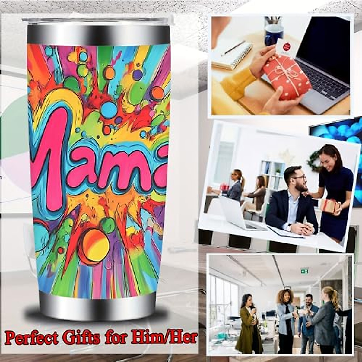 FOCIUZTA 20oz Vibrant Abstract Mama Text Tumbler with lid, Travel Coffee Cup, Ideal for Easter, Mother Day, and birthday gifts
