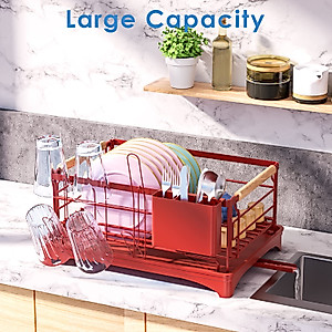 G-TING Dish Drying Rack, Dish Rack for Kitchen Counter, Rust-Proof Dish Drainer with Drying Board and Utensil Holder for Kitchen Counter Cabinet, 16.6” L× 12.6”W× 7.8”H, Bright Red