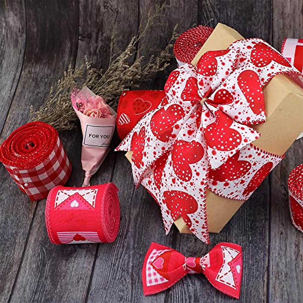 6 Rolls Heart Wired Ribbon 2.5" Valentine's Day Burlap Ribbon Buffalo Plaid Red Pink Heart Truck Love Letter Ribbon for Gift Wrapping Home Wedding Anniversary Decor Bows Wreath Craft, 30 Yards
