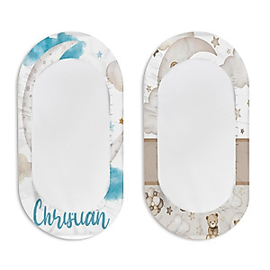 Personalized Bassinet Sheet Set 2 Pack for Baby, Custom Bassinet Mattress Sheets with Name, Universal Fitted for Various Cradle Mattress Pad, Blue & Brown Bear Bassinet Sheets for Boys (16" x 32")