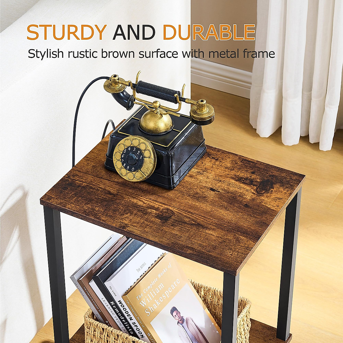 Gewudraw End Table Set of 2, Narrow Side Table, Small Nightstand, 2-Tier Sofa Table with Storage Shelf for Small Spaces, Living Room, Bedroom, Office, Rustic Brown and Black