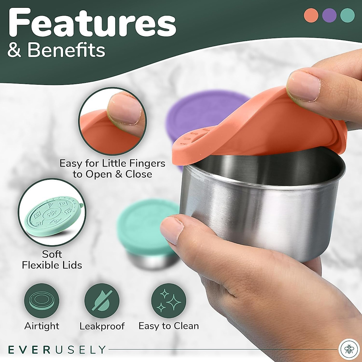 Everusely Stainless Steel Containers with Lids, Stainless Steel Food Containers with Lids, Stainless Steel Snack Containers for Kids, Stainless Steel Lunch Container, Metal Food Storage Containers