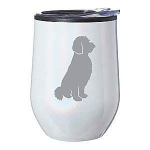Stemless Wine Tumbler Coffee Travel Mug Glass With Lid Goldendoodle (White Iridescent Glitter)