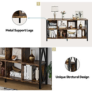 SOMEET 8 Cubes Open Bookshelf with Back Panel, Horizontal Organizer Cubby Storage Bookcase with Legs, Industrial Rustic Wood and Metal Long Display Cabinet Shelf for Living Room, Walnut Brown
