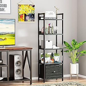 Furologee 5 Tier Bookshelf with Drawer, Kitchen Bakers Rack with Storage, Tall Narrow Bookcase, Industrial Free Standing Display Shelf, Wood and Metal Book Shelf for Bedroom, Living Room, Black