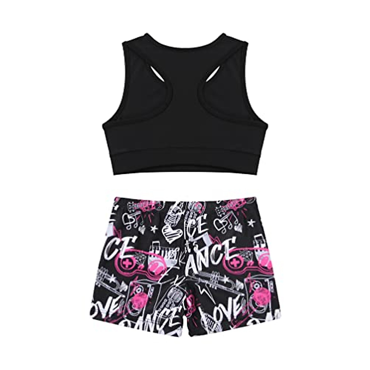 YONGHS Kids Girls Sports Tankini Outfit Crop Top with Booty Shorts Gymnastic Suit Swimsuit Swimwear Rock Music Rose 5-6 Years
