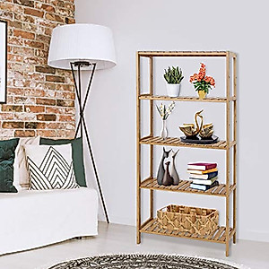 Kinsuite 5-Tier Bamboo Free Standing Storage Rack Shelf Multifunctional Bamboo Shelving Unit Bathroom Kitchen Living Room Holder
