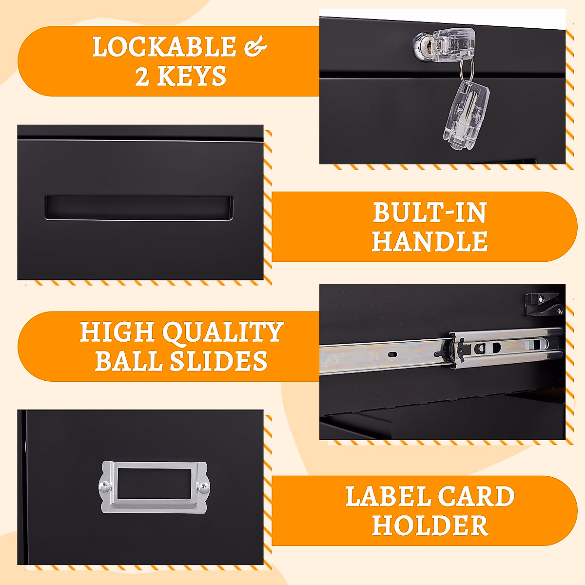 Lateral File Cabinet with Lock 2 Drawer Metal Filing Cabinet, Lateral Filing Cabinet with Lock for Home Office, Locking Metal Steel Wide File Cabinet for Legal/Letter A4 Size Black