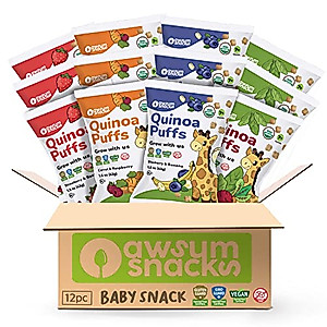 Awsum Snacks Variety Baby Puffs - Happy Healthy Baby Snack - Natural Plant Based Puffed Snacks - Certified USDA Organic Kosher Non GMO Gluten Free Vegan - No Added Sugar - Non-Allergy (12 1.5oz bags)