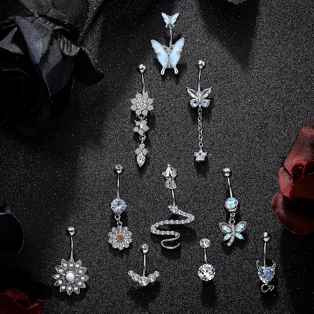 10 Pcs Dangle Belly Button Rings Piercing Belly Button Rings for Women Silver Heart Stainless Steel Curved Belly Rings Jewelry Dangling Cute Heart Butterfly Navel Rings Women's Body Piercing Barbells