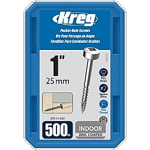 Kreg SPS-F1-500 Zinc Pocket Screws, 1-Inch, #6 Fine Thread, Pan Head (500 Count)