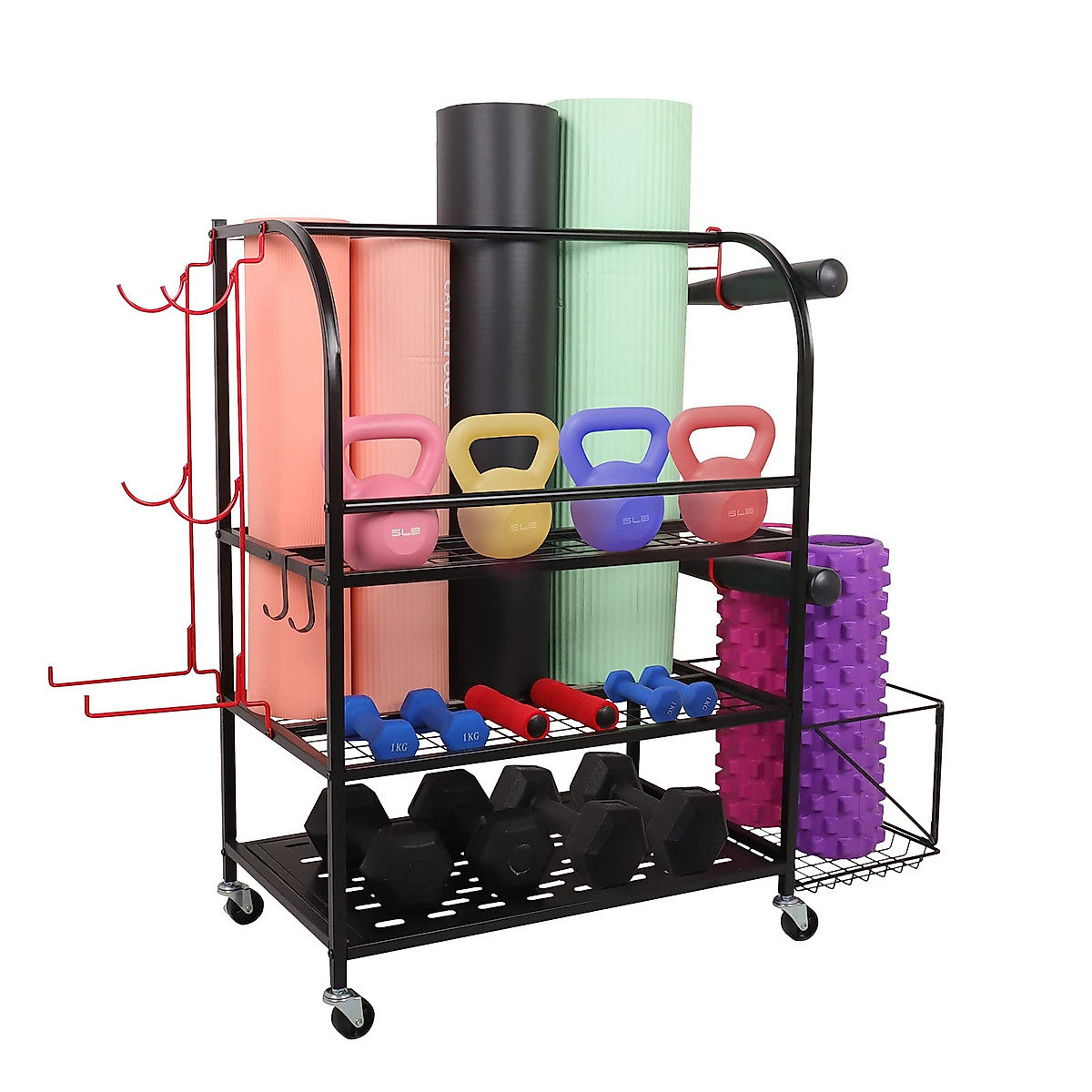 RM FOLD ART Weight Rack for Dumbbells, Yoga Mat Holder Dummbbells Rack for Kettlebells Foam Rollers and More Gym Accessories, Home Gym Equipment Storage Organizer with Wheels and Basket