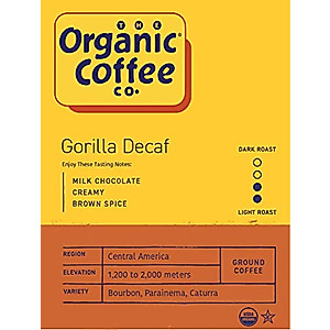 The Organic Coffee Co. Ground Coffee - Gorilla Decaf (12oz Bag), Medium Roast, Swiss Water Processed, USDA Organic