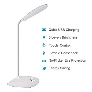 DEEPLITE LED Desk Lamp with Flexible Gooseneck 3 Level Brightness, Battery Operated Table Lamp 5W Touch Control, Compact Portable lamp for Dorm Study Office Bedroom(Set of 2)