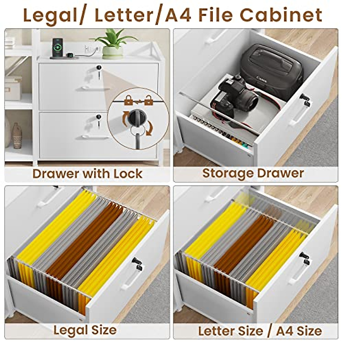 SEDETA 47” File Cabinet with Power Strip, Filing Cabinet fits Legal, Letter, A4 Size, 2 Drawer File Cabinet for Home Office with Open Shelf, Lock and 3 Hooks