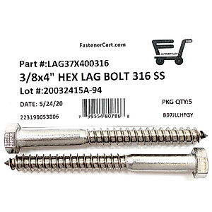 3/8 x 4 316 Stainless Steel Hex Head Lag Bolts Lag Screws Marine Grade (5 Pieces)