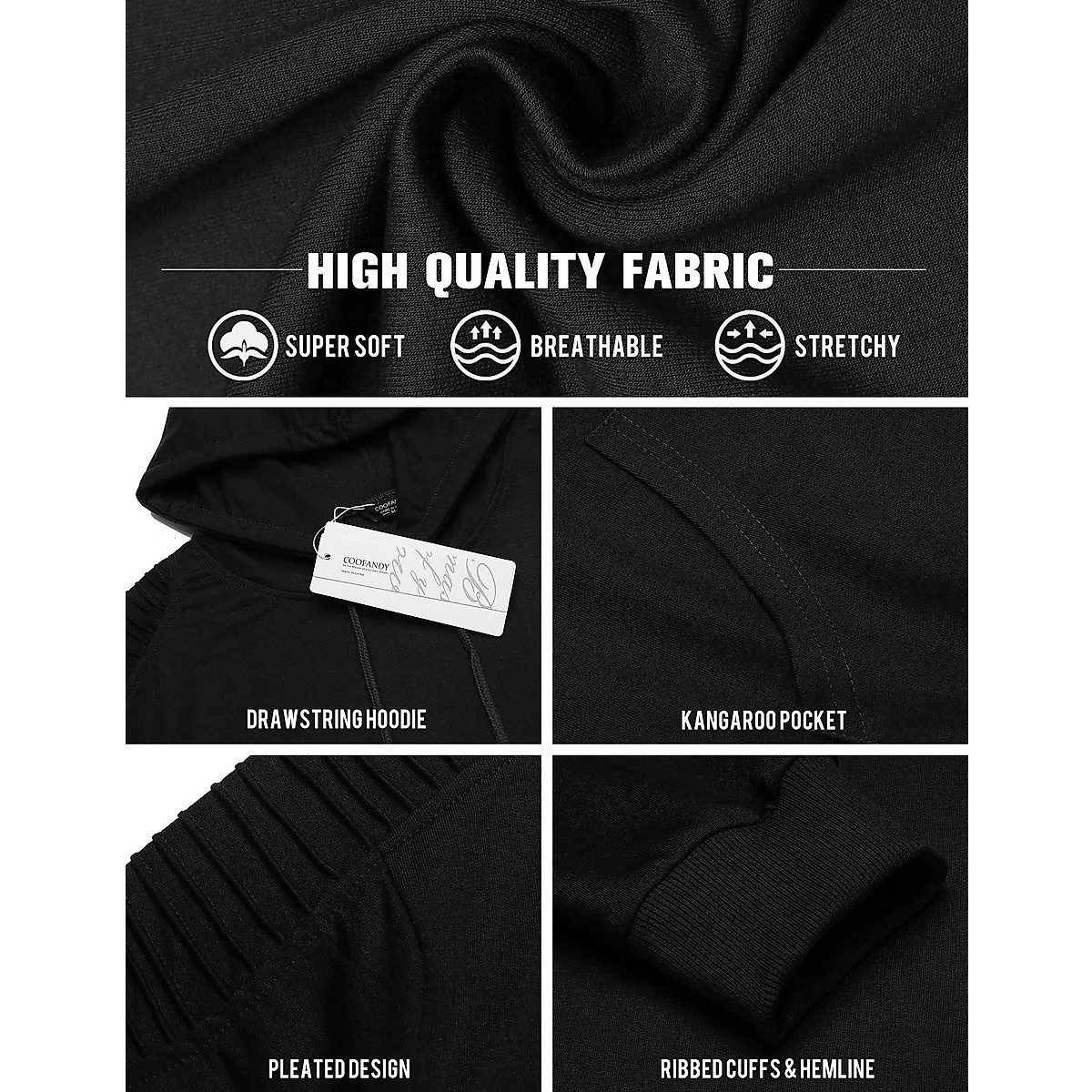 COOFANDY Men's Black Hoodies Sport Gym Hooded Active Athletic Pullover Casual Hooded