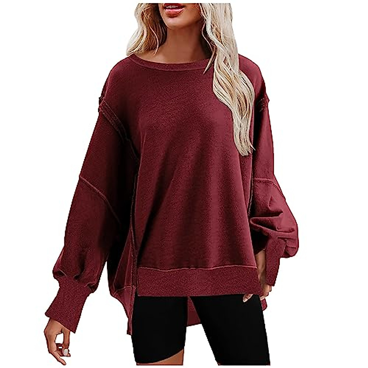 Ceboyel Women Oversized Sweatshirts Loose Fit Corded Sweatshirt Hoodie Crewneck Tunic Pullover Trendy Fall Clothes 2023 Today'S Deals Wine Xl