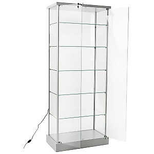 Displays2go 29"w x 72"h Glass Display Case, 5 Adjustable Shelves, Lights, Wheels - Silver (173CPLEDSL)