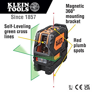 Klein Tools 93LCLG Laser Level, Self Leveling, Hi-Viz Green Cross Line Level with Red Plumb Spot and Magnetic Mounting Clamp
