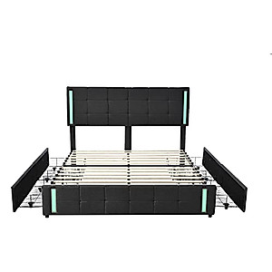 Harper & Bright Designs Queen Size Upholstered Platform Bed with LED Lights and USB Charger, Queen Storage Bed, Linen Platform Bed Frame with 4 Drawers, for Kids Teens Adults (Dark Gray)