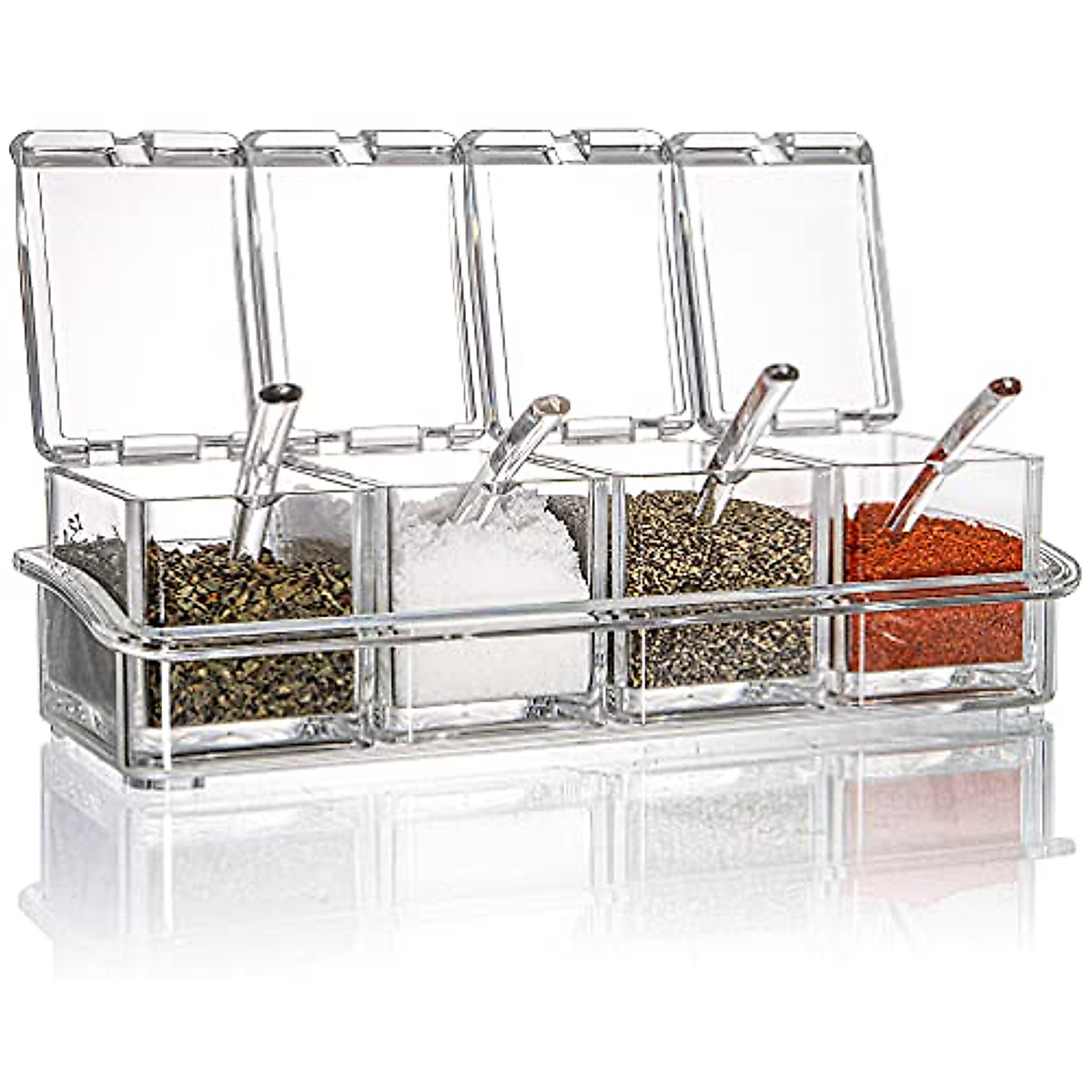 Yesland Clear Seasoning Rack Spice Pots - 4 Piece Storage Container Condiment Jars - Acrylic Seasoning Box, Cruet with Cover and Spoon