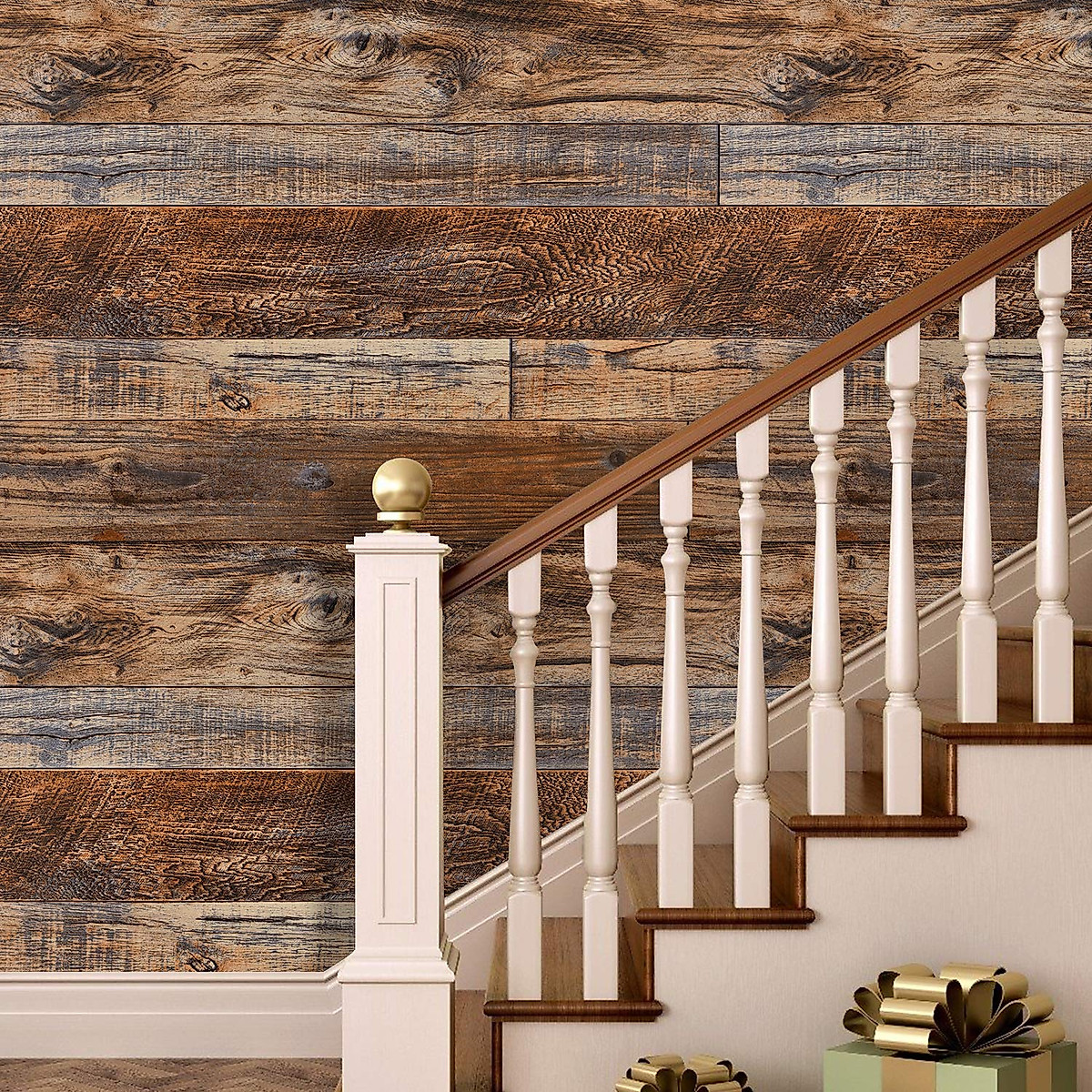 WENMER 17.71" x 118" Brown Wood Wallpaper Peel and Stick Shiplap Self Adhesive Contact Paper for Cabinet Countertop Shelf Drawer Wall Door