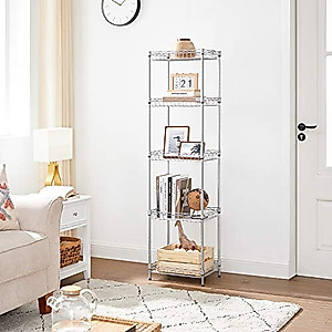 SONGMICS Metal Storage Shelves, 5-Tier Wire Shelving Unit, Kitchen Rack, Adjustable Shelves, 4 Hooks, Shelf Liners, 11.8 x 15.7 x 59.1 Inches, Total Load Capacity 220 lb, for Garage, Silver ULGR105E01