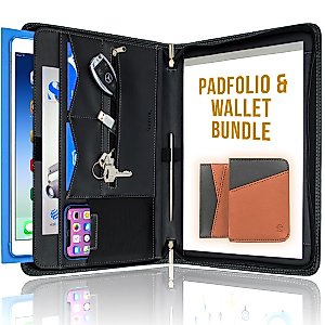 STYLIO Zippered Padfolio Binder (Black) and Slim Leather Wallet (Brown) Bundle. Perfect for Documents, iPad/Tablet, Notepad, Business Cards, IDs and Bills. Great Gift Bundle.