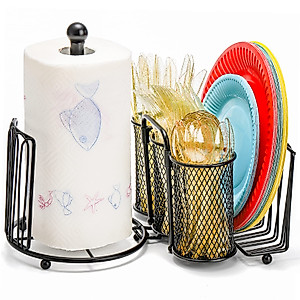 Elsjoy Metal Utensil Caddy with Paper Towel Holder, Picnic Caddy Silverware Organizer, Flatware Caddy Buffet Storage Caddy for Plates, Cutlery, Pull-Out Handle