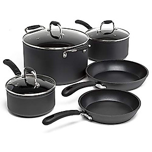 Ecolution Symphony Multipurpose Forged and Stainless Steel Pots and Pans 8 pc. Set, Reinforced Ergonomic Cool-Touch Handles, Dishwasher Safe, Fully Nonstick Interior, Slate,Grey